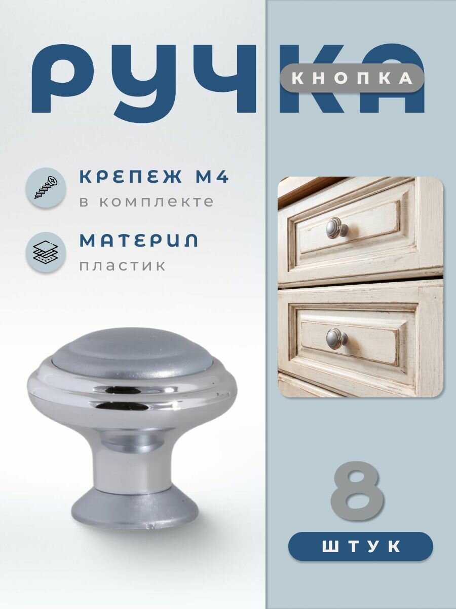Ручка-кнопка мебельная BRANTE К4 хром/серый, комплект 8 шт, ручка для шкафов, ящиков, комодов, для кухонного гарнитура, фурнитура для мебели