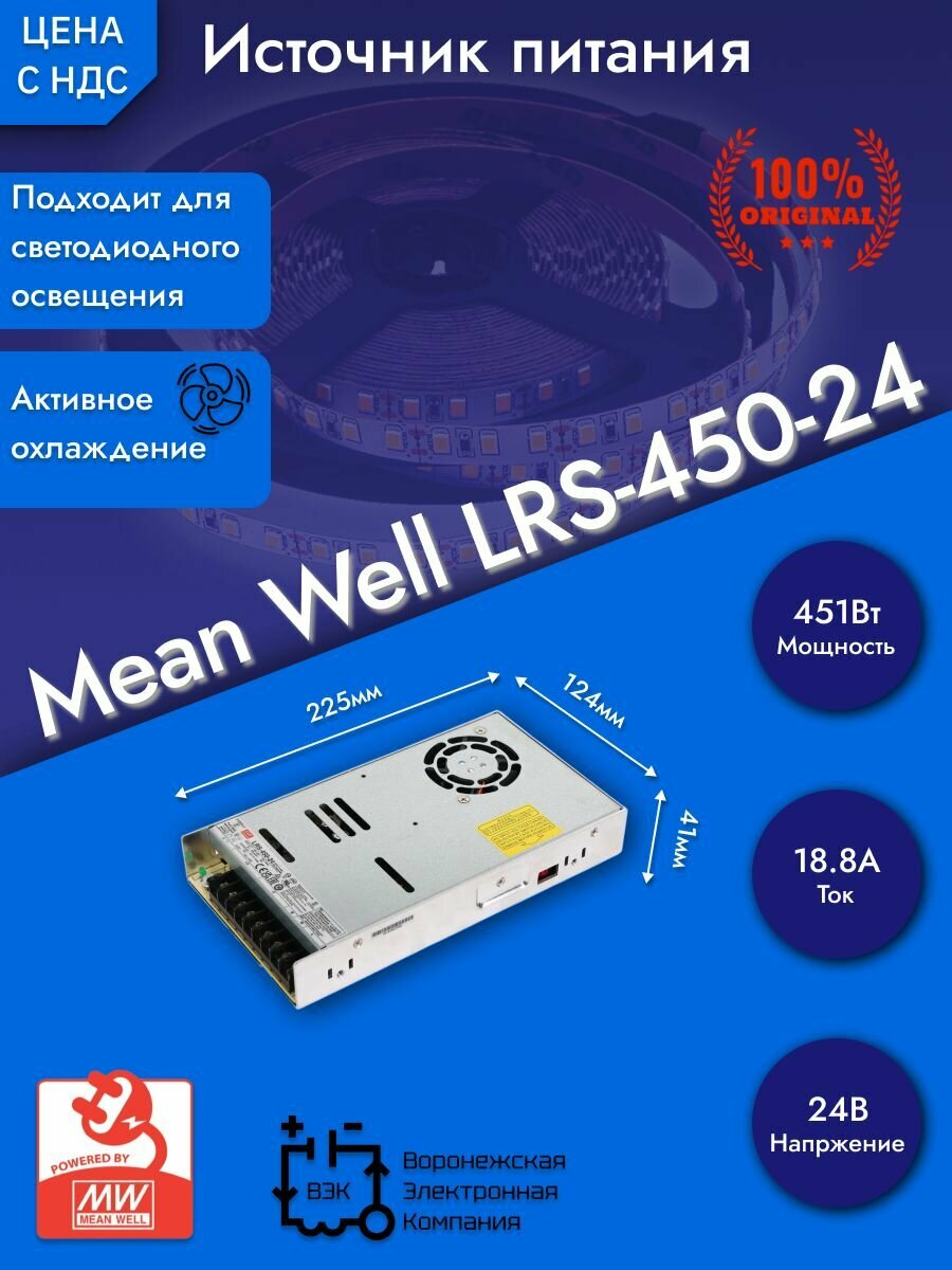 LRS-450-24 MEAN WELL Блок питания импульсный 450Вт 24В 18.8А, переключаемый диапазон, активное охлаждение, металлический сетчатый корпус, компактный