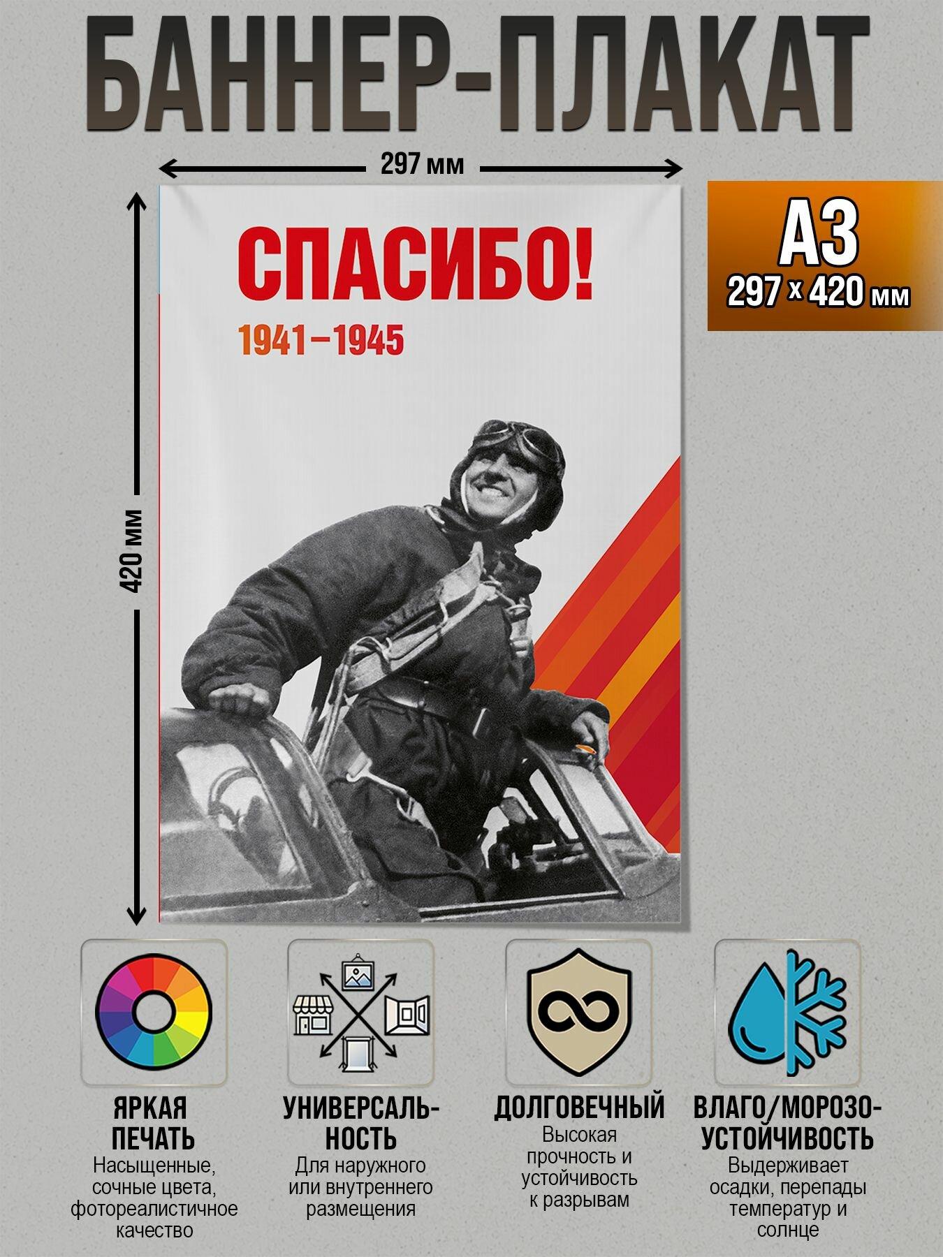 Баннер-плакат на 9 мая / Постер-Растяжка на улицу ко Дню Победы / А-3 (30x42 см.)