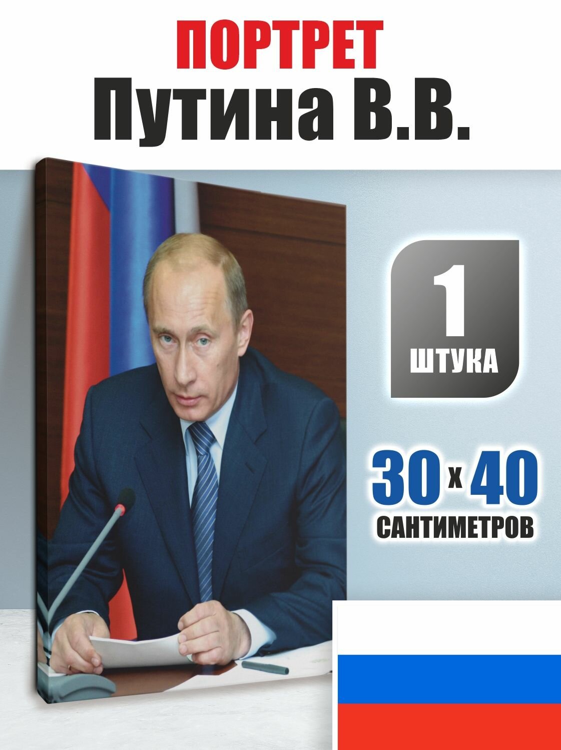 Картина на холсте для интерьера "Путин" Портрет Президента Путина, 300х400 мм, VoloMar