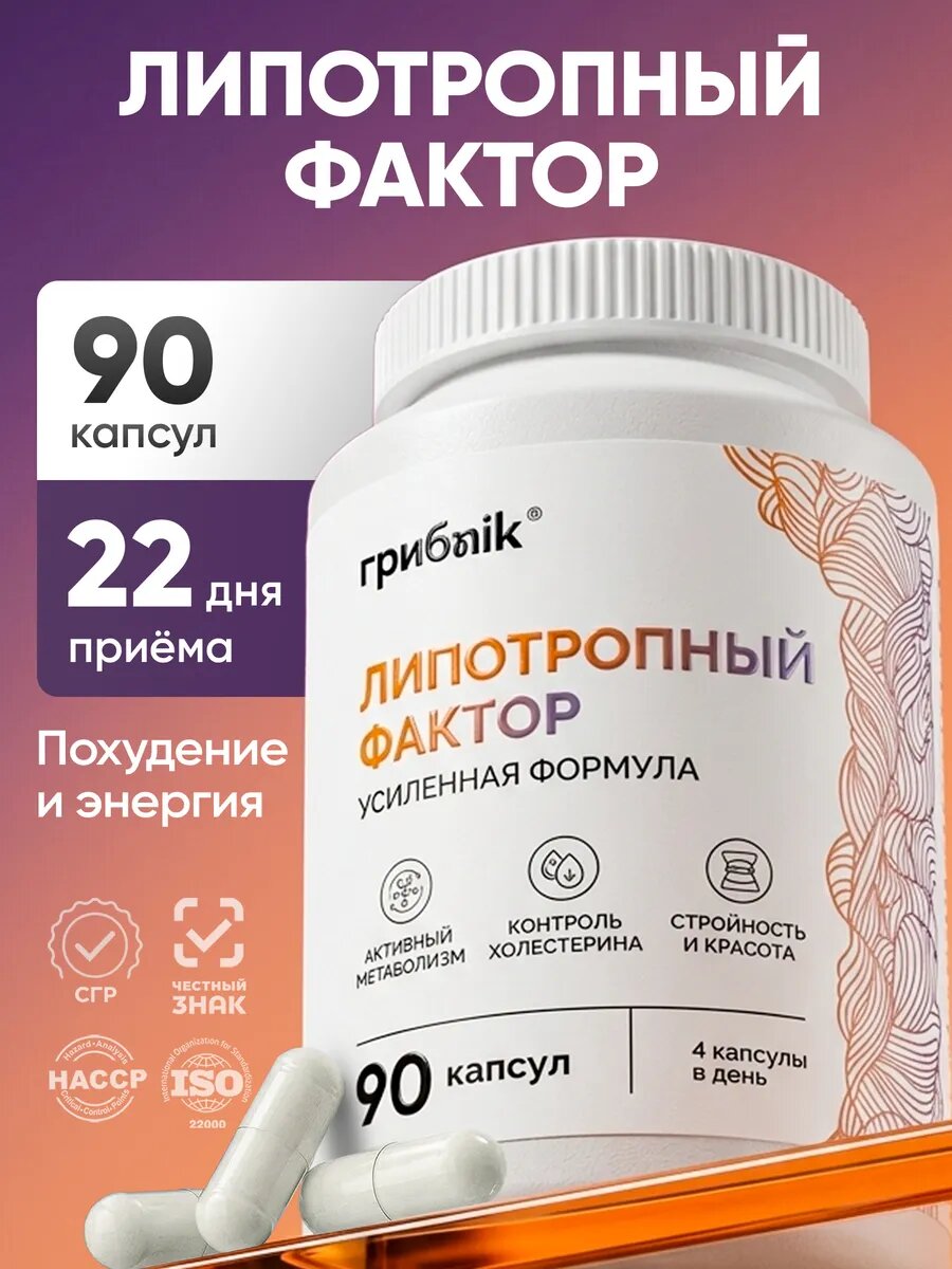 Липотропный фактор для похудения, жиросжигатель, 90 капсул по 870 мг, грибnik