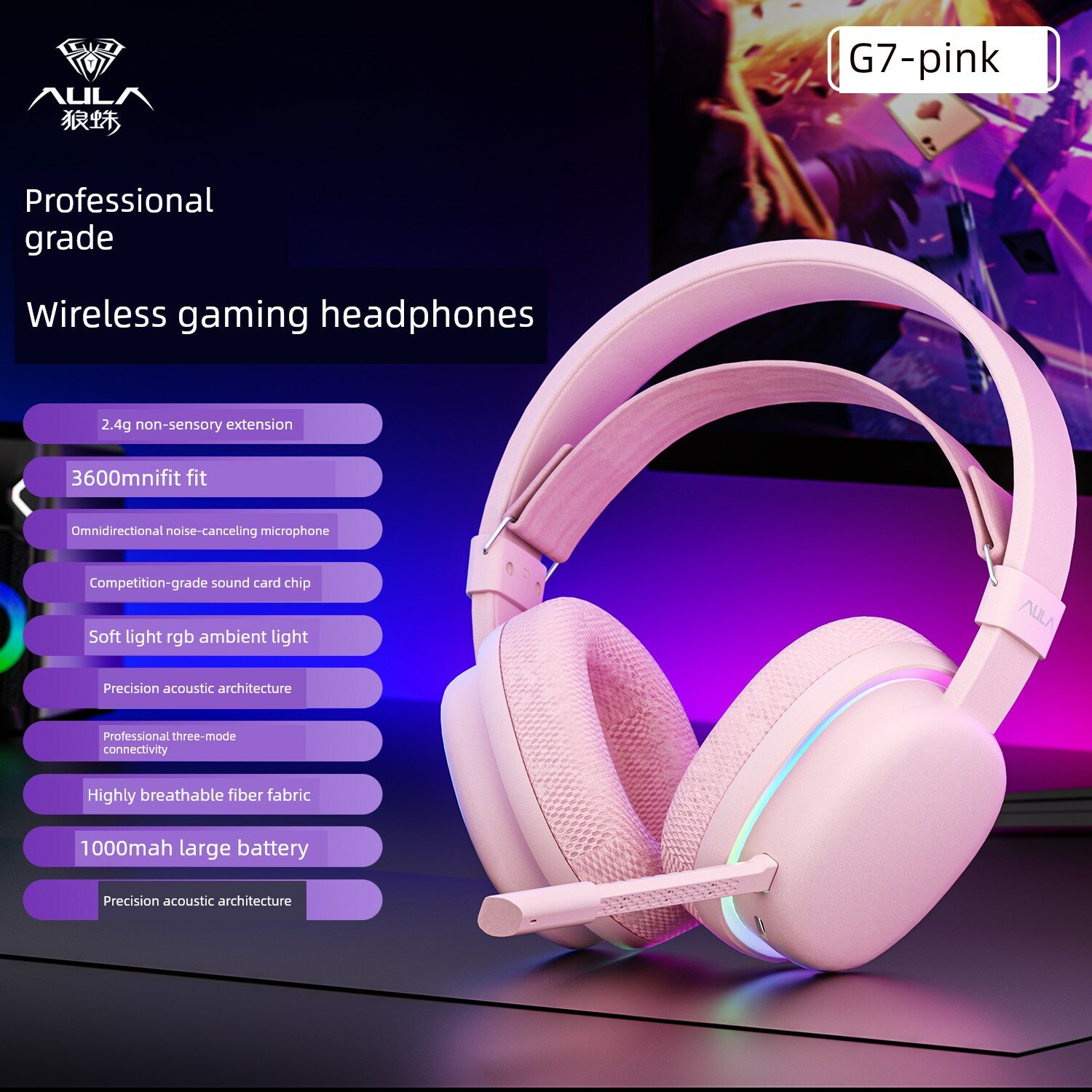 Wolfs Spider G7 Pro Bezprovodnoy Gaming Headset Bluetooth Shumopogloshchenie s Mikrofonom, Rozovyy