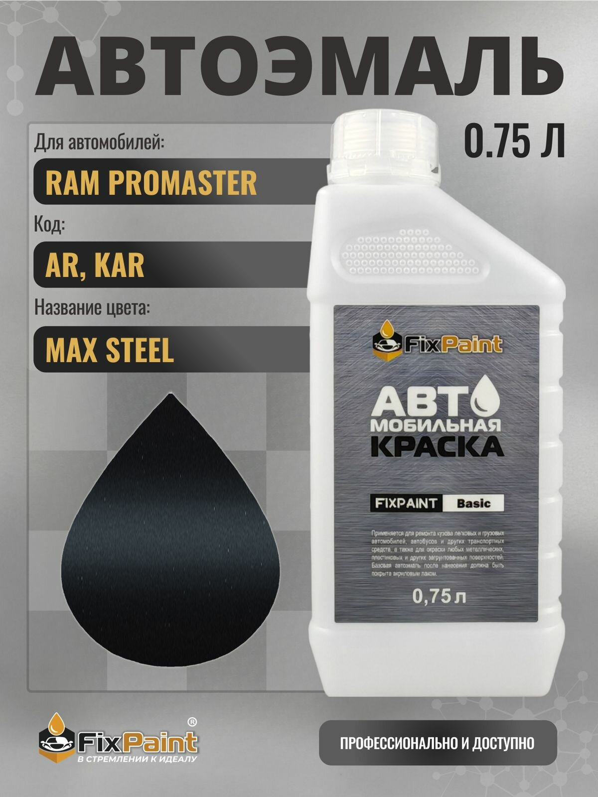 Краска для RAM PROMASTER, код AR, KAR, MAXIMUM STEEL, автомобильная эмаль базовая под лак FixPaint Basic в канистре, 0,75 л