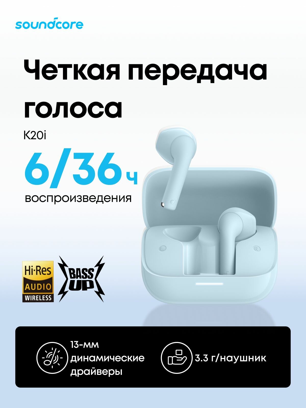 Soundcore K20i беспроводные полу-вкладыши наушники, синий (A3994G31)