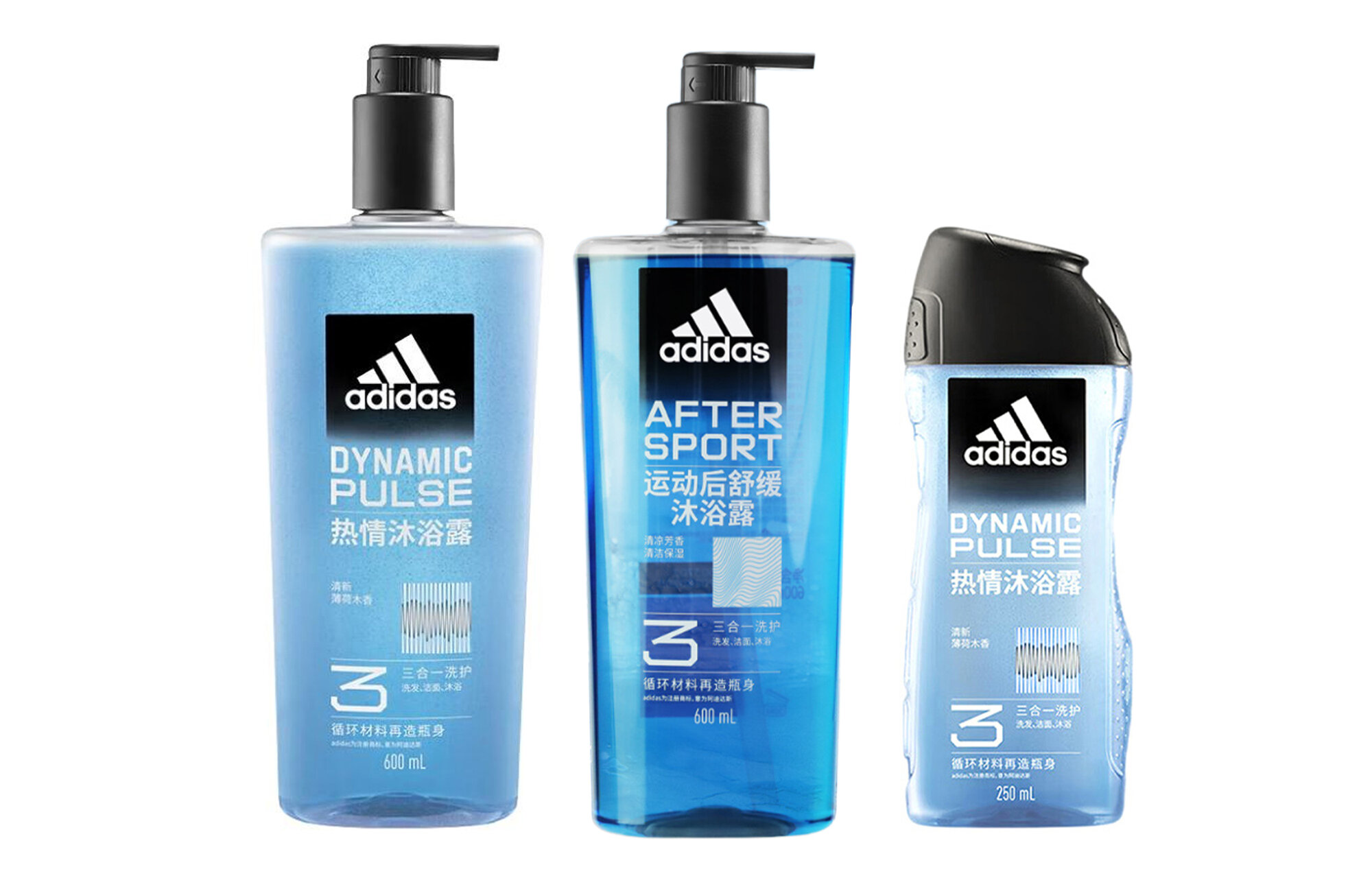 Гель для душа мужской Adidas DYNAMIC PULSE / AFTER SPORT, Three-Piece Set: Passionate Shower Gel 600ml+Passionate Shower Gel 250ml+Sports Post-Shower Soothing Shower Gel 600ml