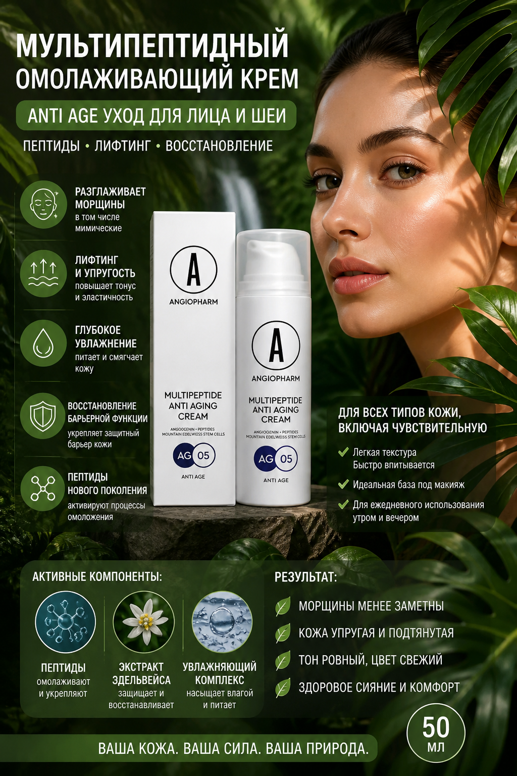 Мультипептидный крем для лица Angiopharm 50 мл — антивозрастной уход с пептидами