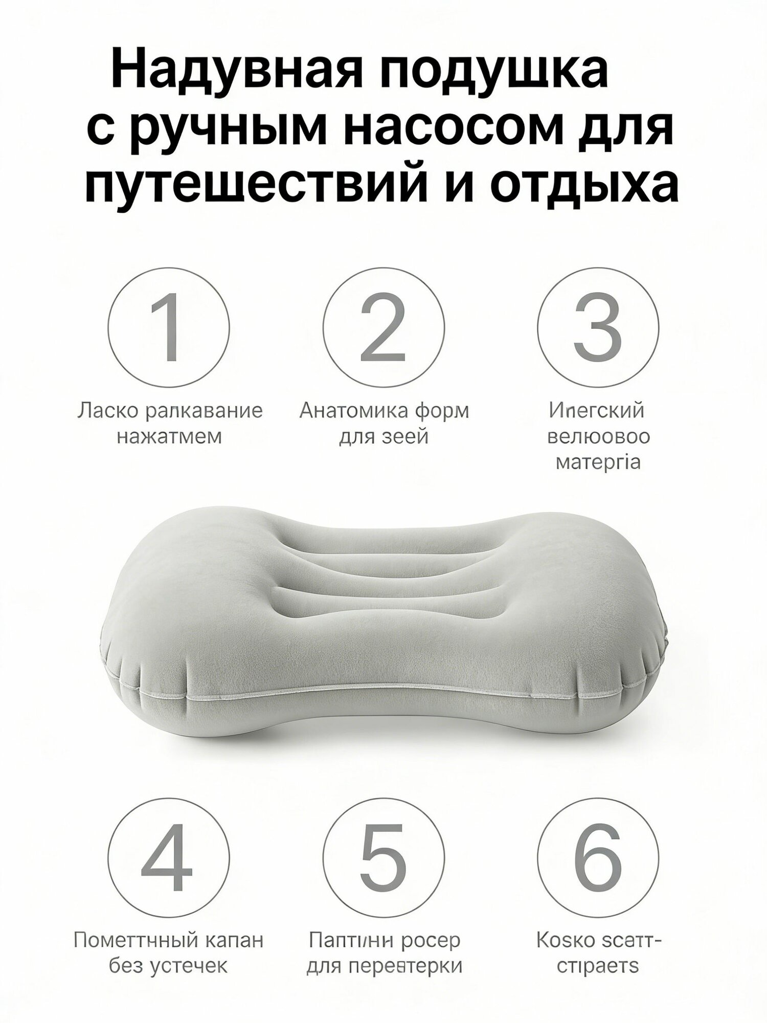 Надувная подушка с насосом для сна в дороге, прямоугольная, из велюра, серая