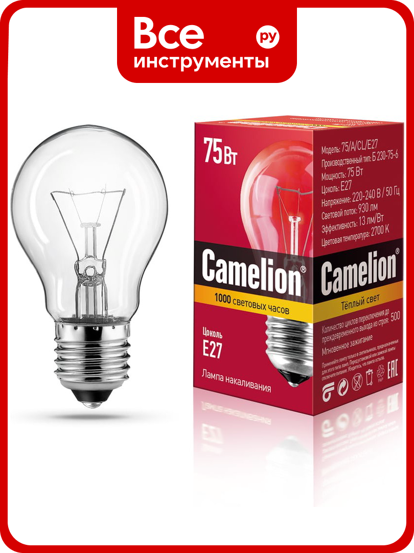 Электрическая лампа накаливания с прозрачной колбой Camelion 75/A/CL/E27,7278