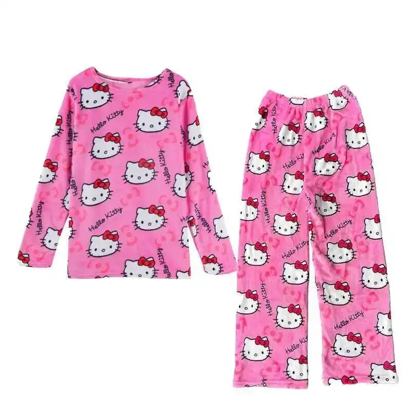 Плюшевый пижамный комплект Hello Kitty, женская мультяшная фланелевая домашняя одежда с длинными рукавами, теплый зимний комплект из двух частей (топ и брюки).