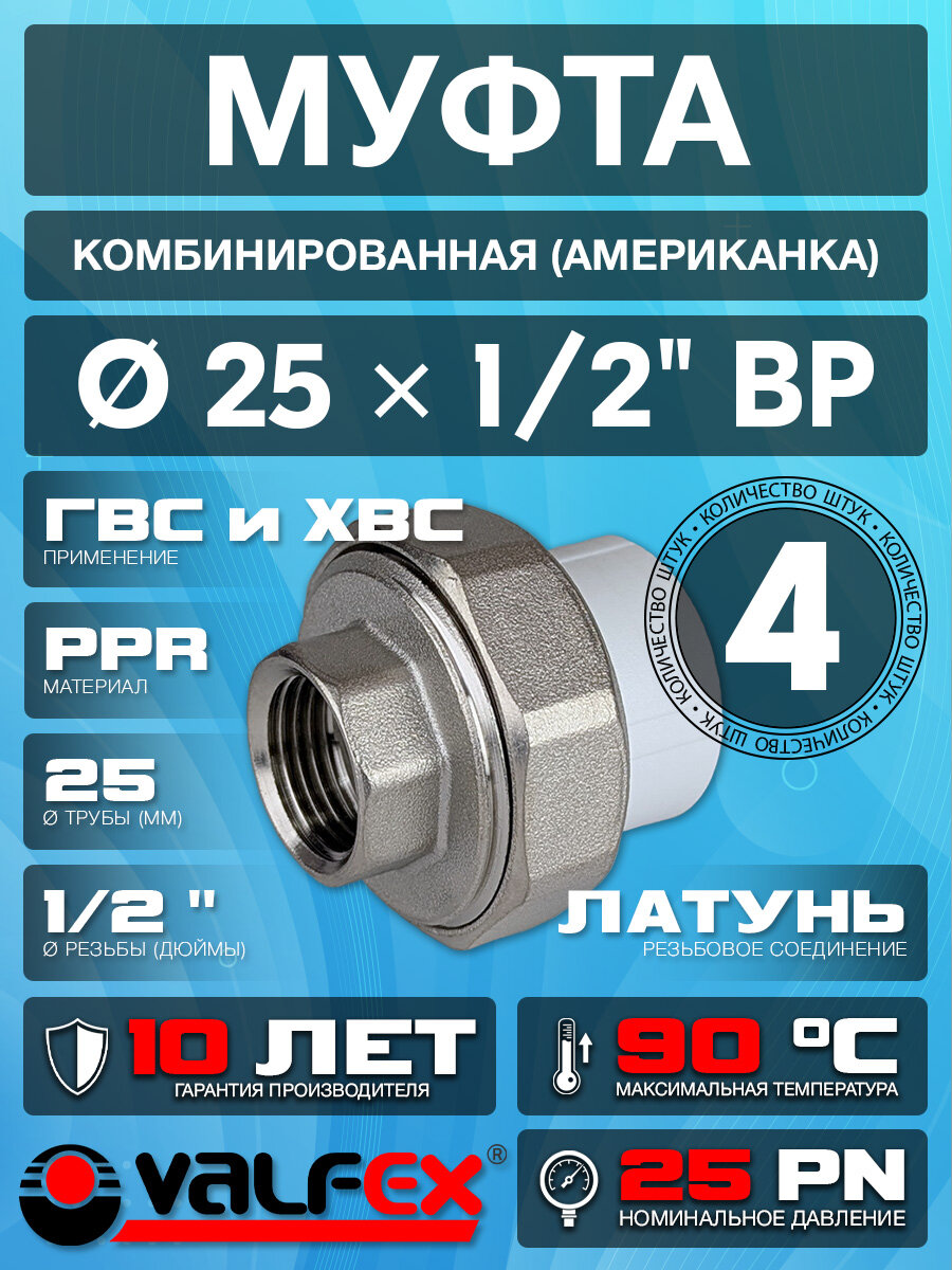 Муфта комбинированная разъемная (американка) с внутренней резьбой 25x1/2" (4 шт)