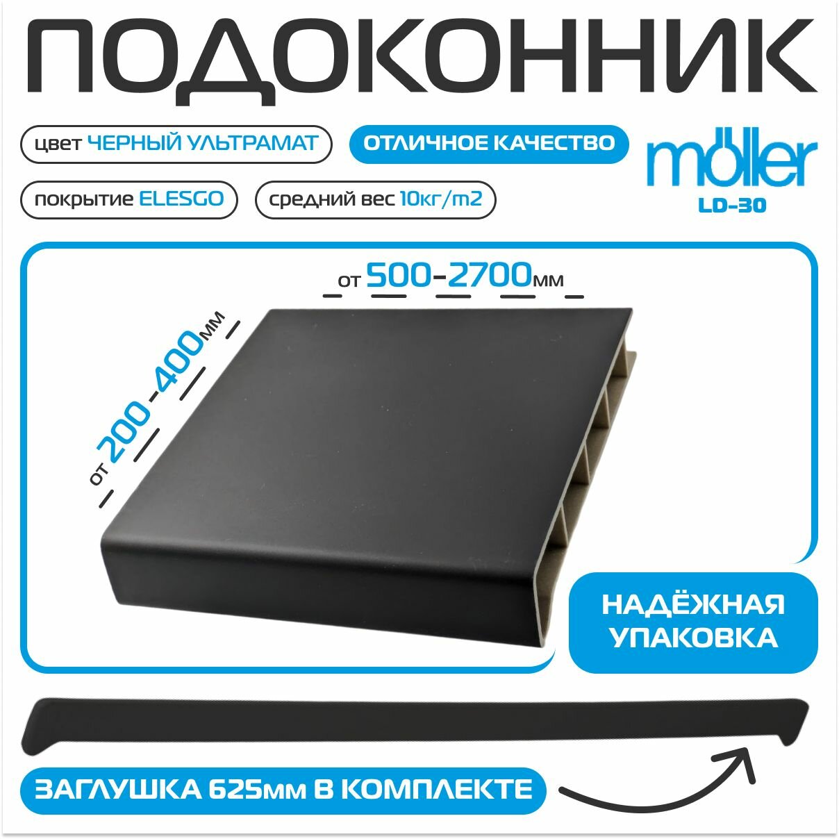 Подоконник пластиковый (Elesgo) Moeller LD 30 Черный ультрамат 500х790мм, Заглушка в комплекте