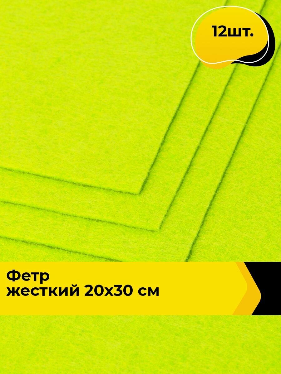 Фетр цветной листовой для рукоделия жесткий 0.1 см, 20x30 см, 12 шт.