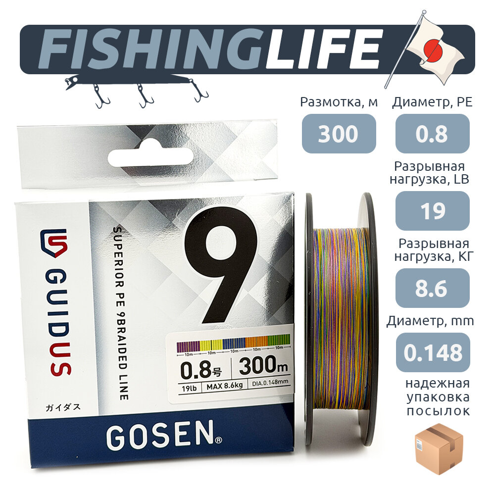 Плетеная леска (шнур) Gosen Guidus PE x9 300м мультиколор #0.8 0.148мм 19лб 8.6кг