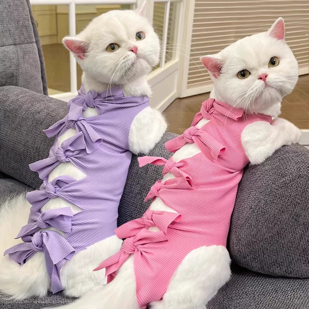 2-комплект дышащих кошачих хирургических костюмов (S: 1.5-3кг) — Розовый и Фиолетовый
