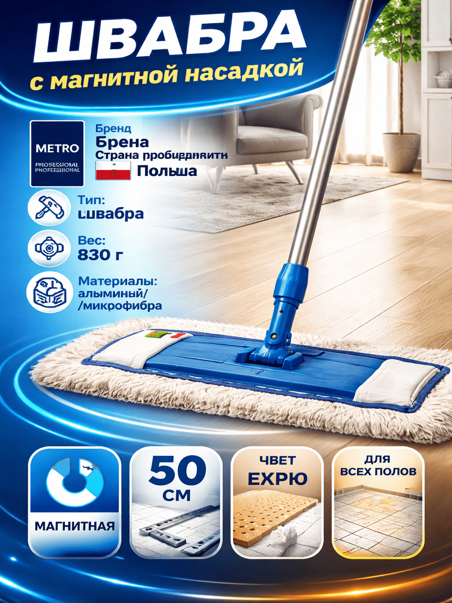 METRO PROFESSIONAL Швабра с магнитной насадкой, 50см