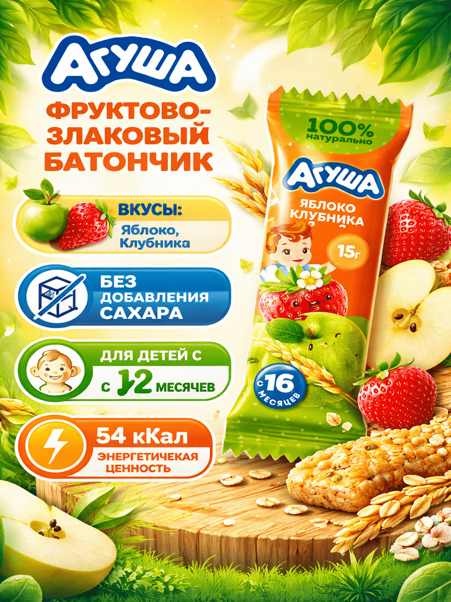 Батончик фруктово-злаковый детский Агуша Яблоко, клубника и злаки с 12 месяцев, 15г x 2 упаковки