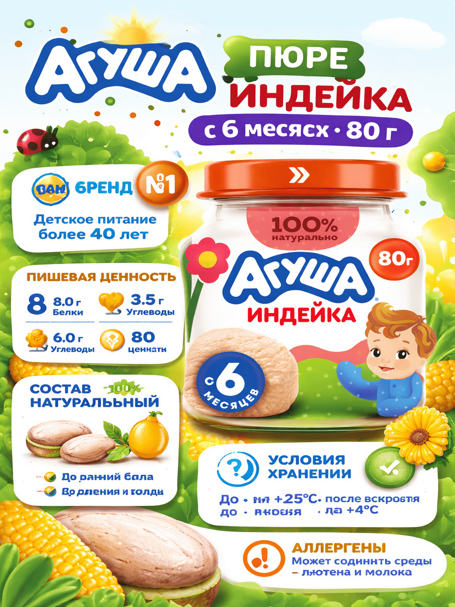 Пюре мясное детское Агуша Индейка с 6 месяцев, 80г