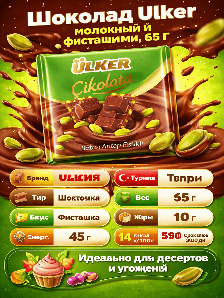 Шоколад Ulker молочный с фисташками, 65г