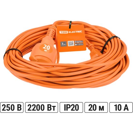 Удлинитель-шнур силовой Tdm Electric УШ10 (штепс. гнездо, 20м ПВС 2х1,0), SQ1301-0606