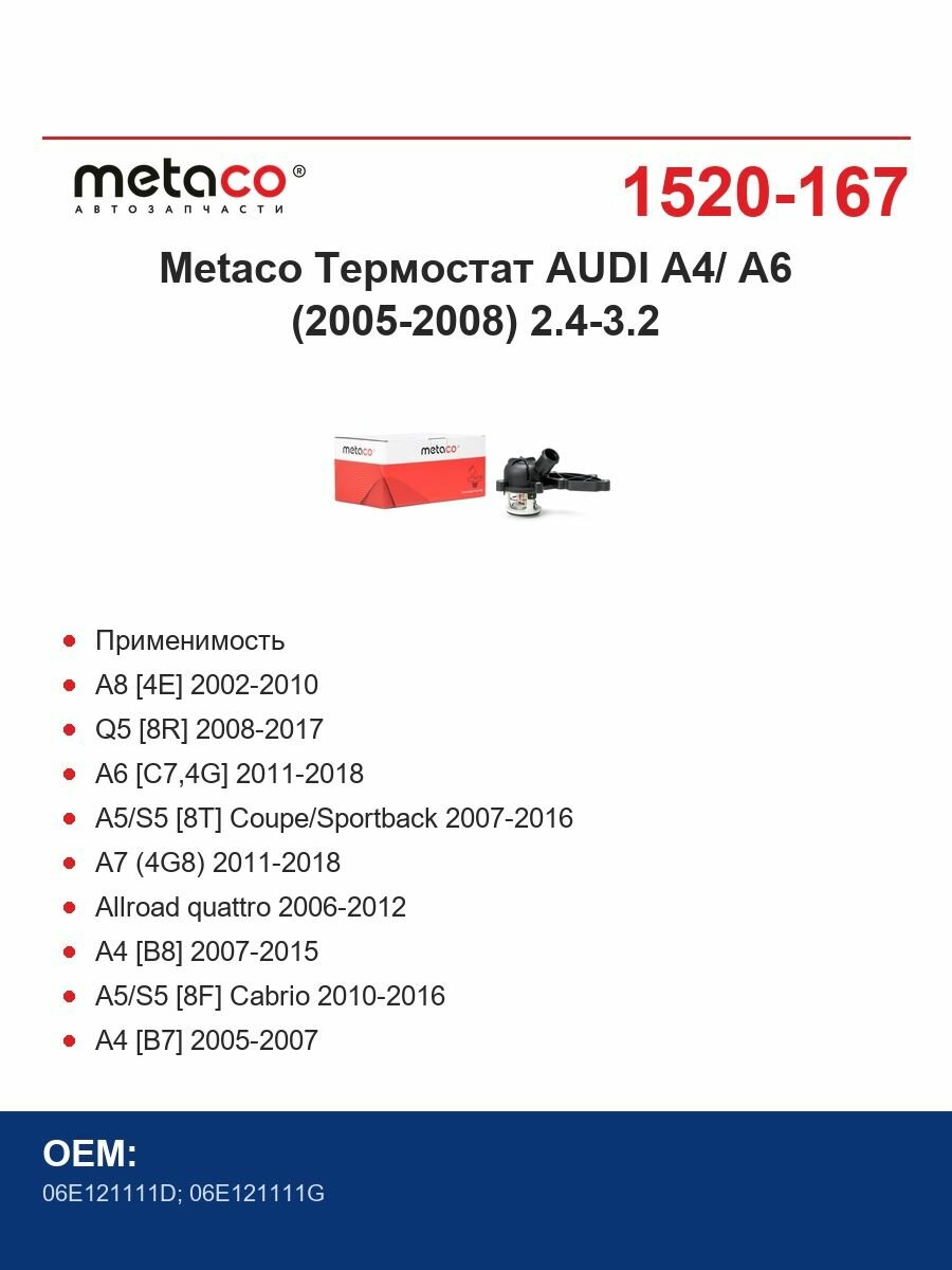 Metaco Термостат AUDI A4/ A6 (2005-2008) 2.4-3.2