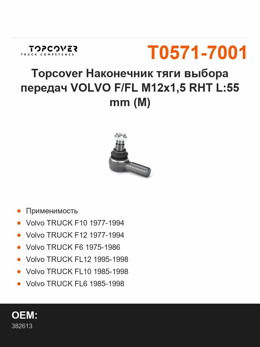 Topcover Наконечник тяги выбора передач VOLVO F/FL M12x1,5 RHT L:55 mm (M)