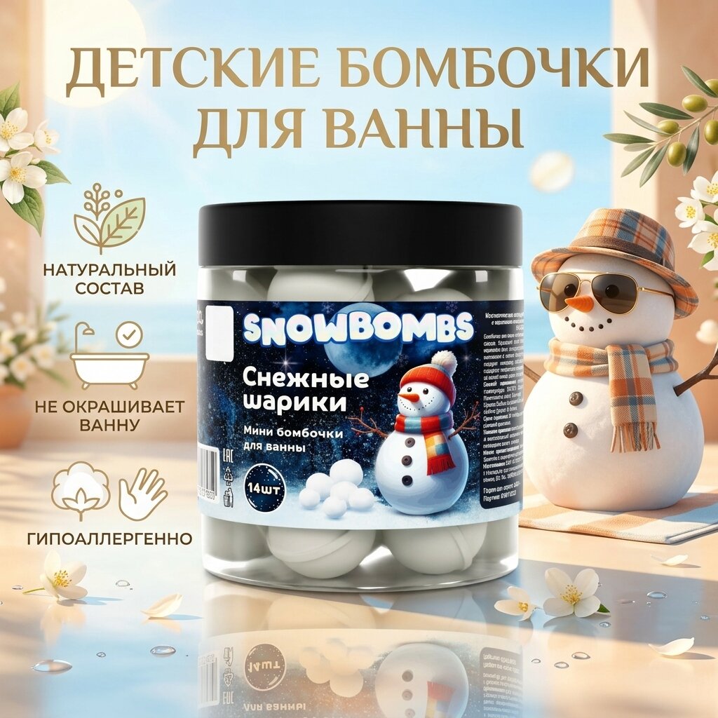 Бомбочки для ванны "Снежные Шарики" KLOOB, гипоаллергенные, белые, 280 г