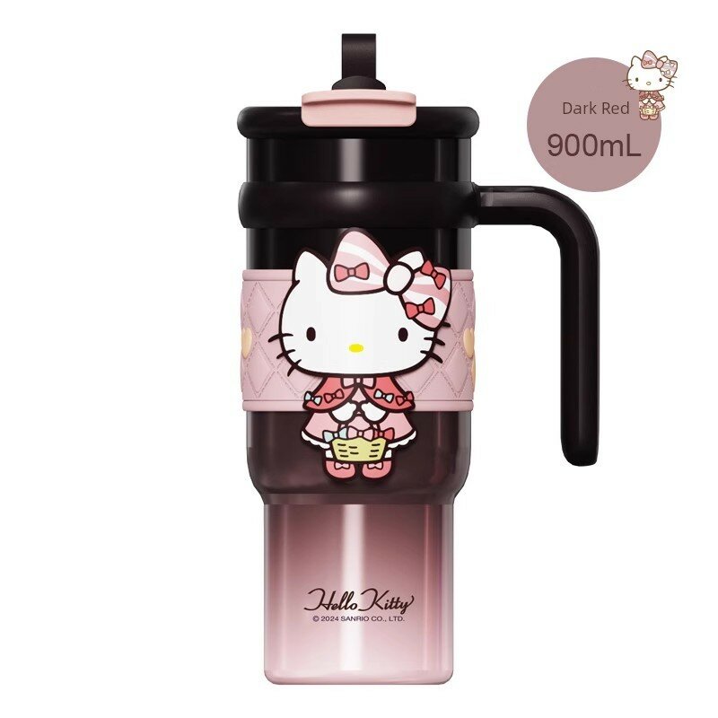Sanrio Hello Kitty 900 мл термос с изолирующим покрытием, темно-красный цвет, практичная посуда для женщин