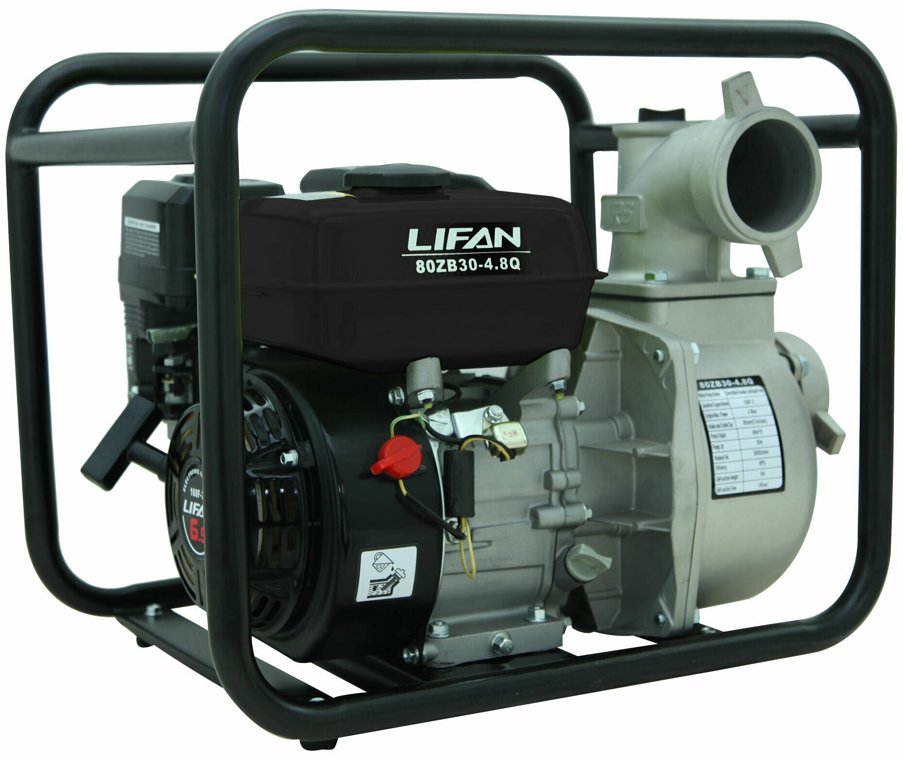 Мотопомпа Lifan 80ZB30-4.8Q (6,5 л. с, 48 м?/час, глубина/подъем 6/30 м, ? трубы 80 мм, 25 кг) 80ZB30-4.8Q