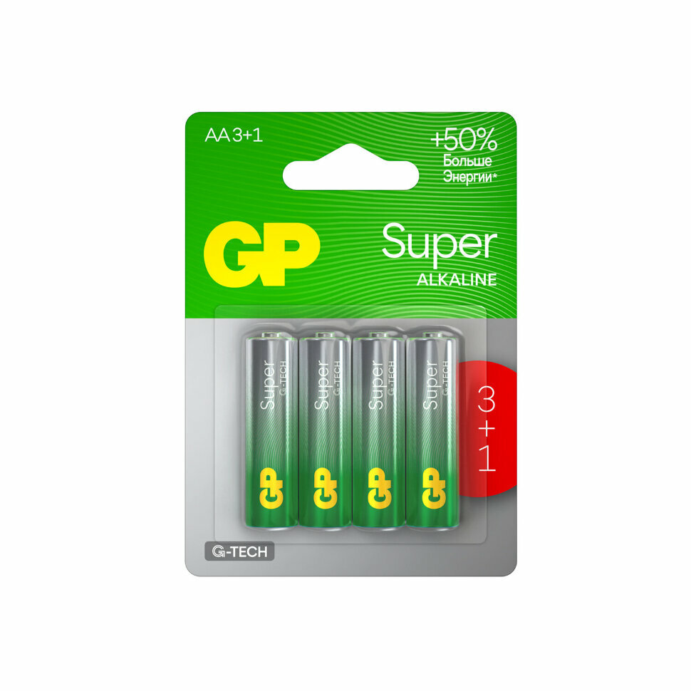 Батарейки комплект 4 шт, GP Super G-Tech, AA (LR6,15А), алкалиновые, пальчиковые, промо 3+1, 15A3/1-2CR4, 455920