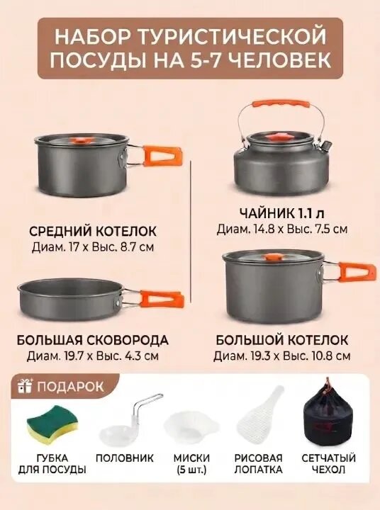 Большой набор туристической алюминиевой посуды на 5-7 человек, 12 предметов, для большой семьи или компании