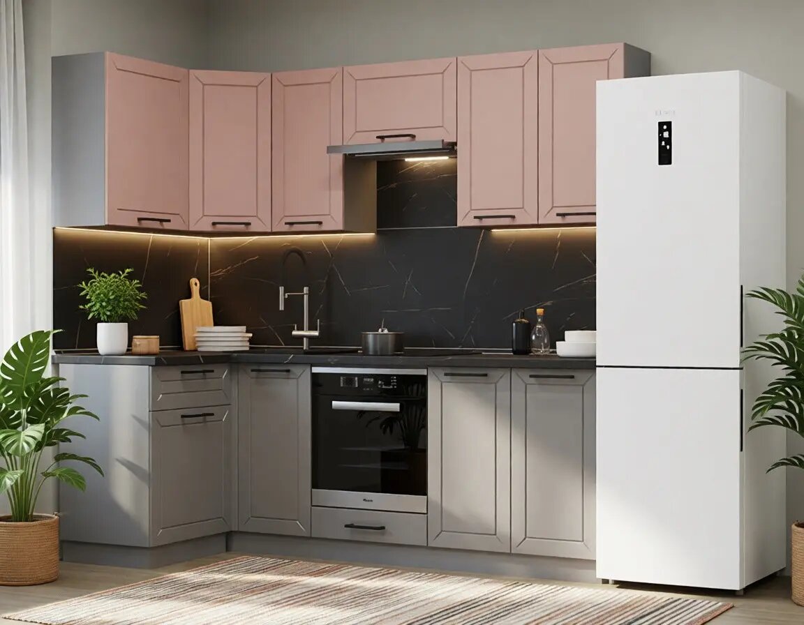 Кухонный гарнитур Аликанте, 120х240 см (арт. 34) шарли pink/чесура темный