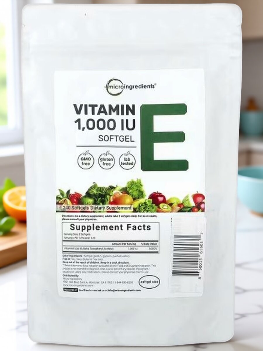 Micro Ingredients, Витамин E, 240 мягких таблеток (500 МЕ в каждой капсуле) США