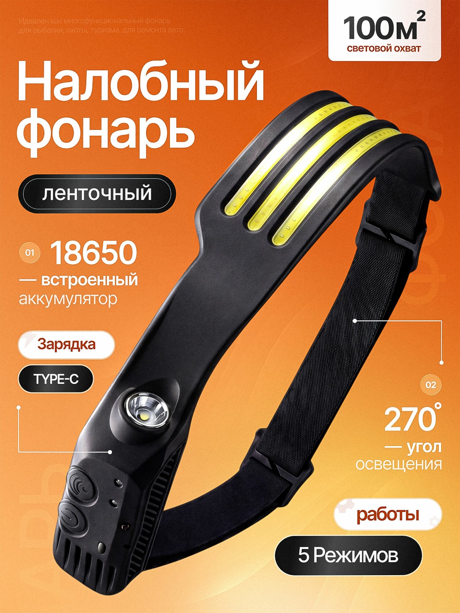 Фонарь налобный аккумуляторный, светодиодный, мощный, управление жестами