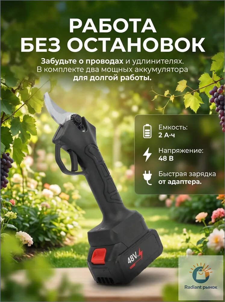 Секатор электрический, беспроводной, 250 мм, 1 аккумулятор, зарядное устройство, кейс — фото 1