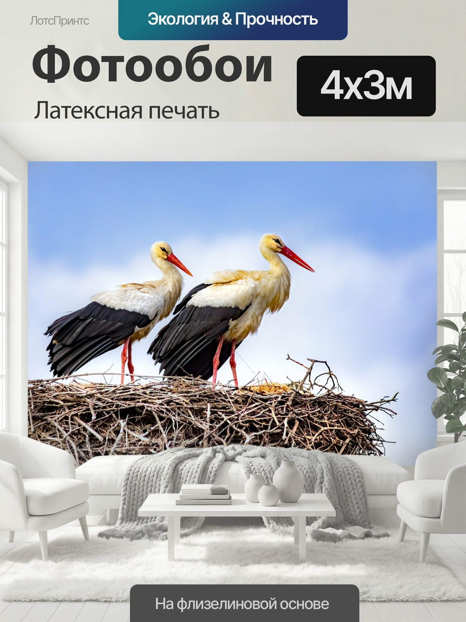 Фотообои моющиеся ударопрочные "Белые аисты, птицы, гнездо" 400x300 см. латексная печать