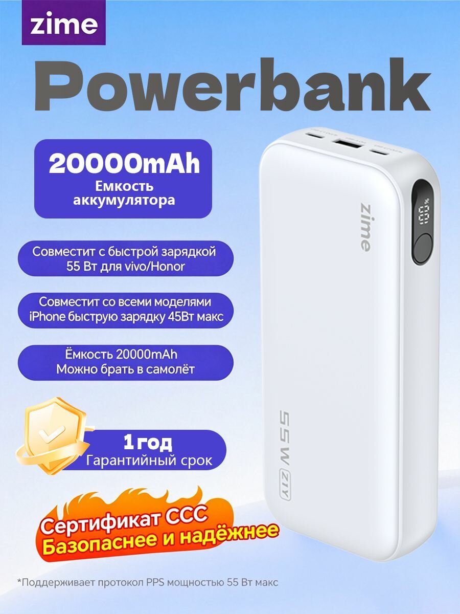 Zime Повербанк 20000 мАч 55 Вт быстрая зарядка, Power Bank пауэрбанк для телефона, внешний аккумулятор с дисплеем