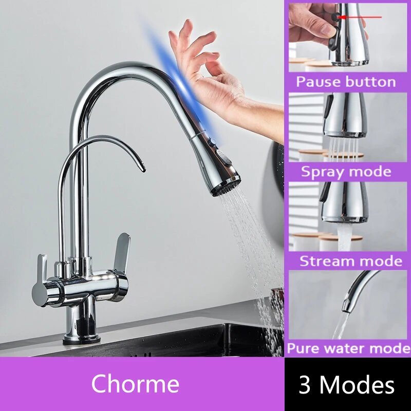 Кран для кухни с сенсорным фильтром Shinesia Touch Sensor Filter Kitchen Faucet Gourmet, выдвижной кран для чистой воды, двустильный черный смеситель для кухонного раковина
