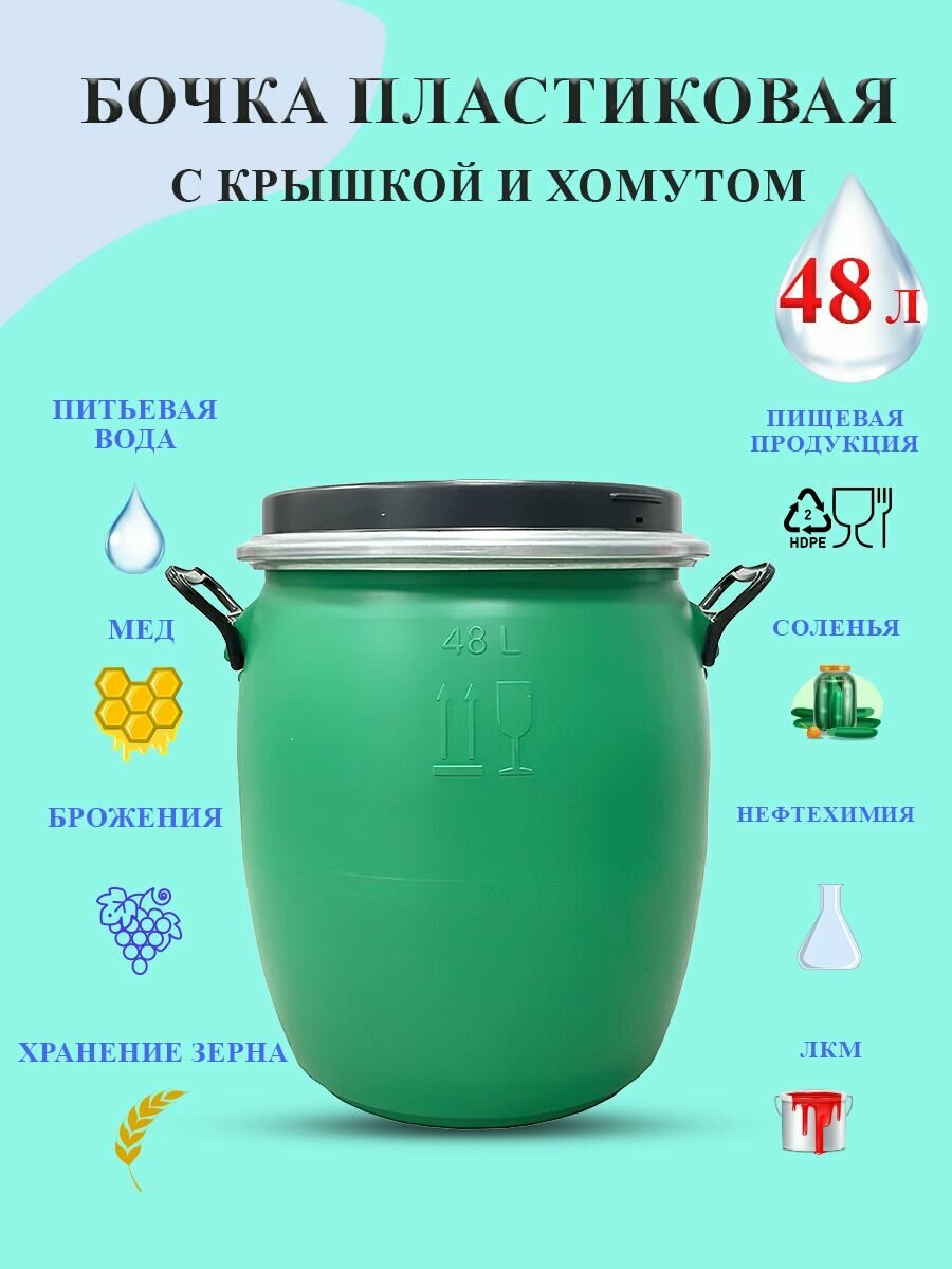 Пластиковая бочка 48 литров зеленая / Бочка Open Top садовая