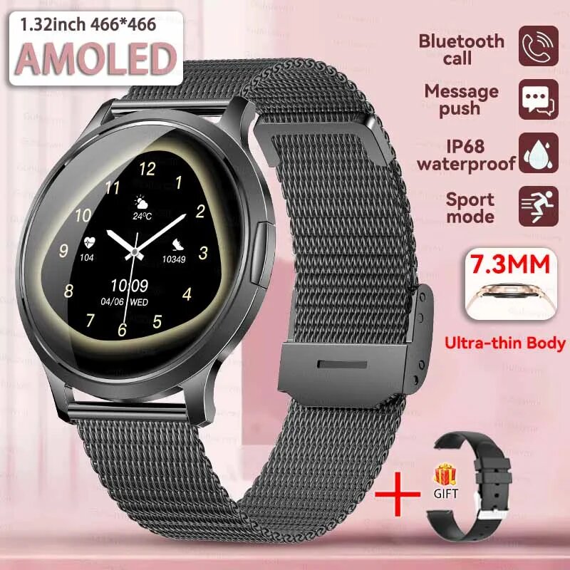 Умные часы 2025 AMOLED 1.32 дюйма для IOS Серый, Black Mesh Belt