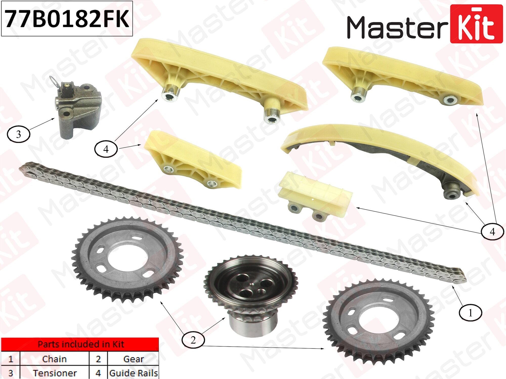 Комплект цепи ГРМ FORD Transit/Mondeo 2.0 TDDi D5BA/SDBA/F3FA/ABFA 00-07, MASTERKIT 77B0182FK