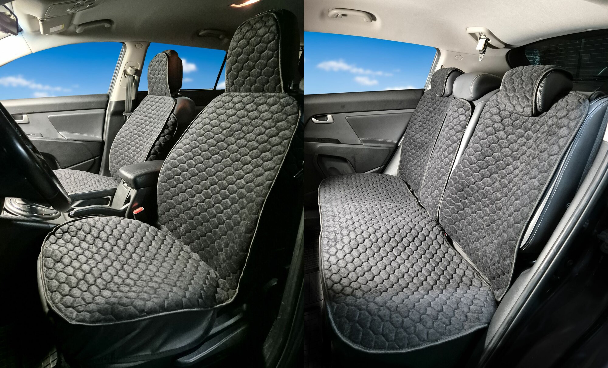 Накидки для Haval / Хавал Dargo, F7, F7x, H6, Jolion, M6 и др. на весь салон с подголовником и защитой боковин с узором соты из велюра, черный