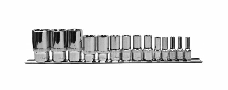 Набор головок торцевых14 предметов "OMBRA" (910714) глубокие, внешний TORX, 1/4", 3/8" и 1/2" DR, на держателе