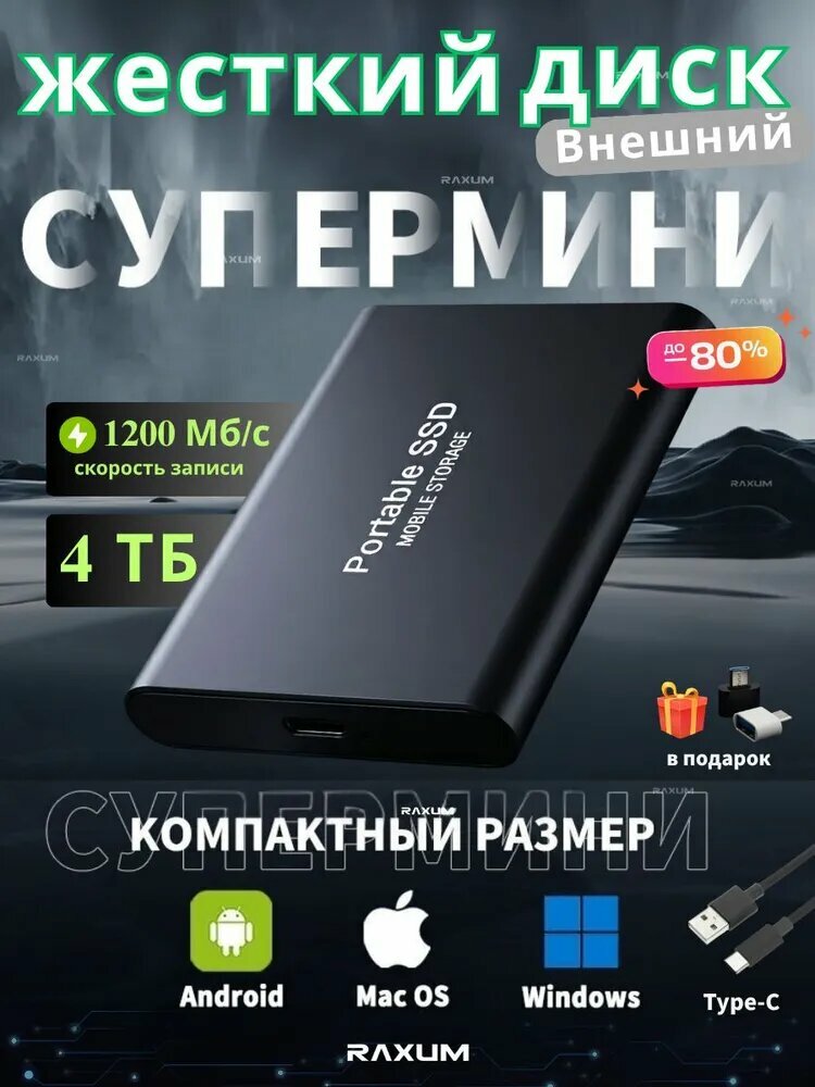 Raxum 4 ТБ Внешний жесткий диск (R5 Portable SSD PRO 4TB), Металл, черный матовый