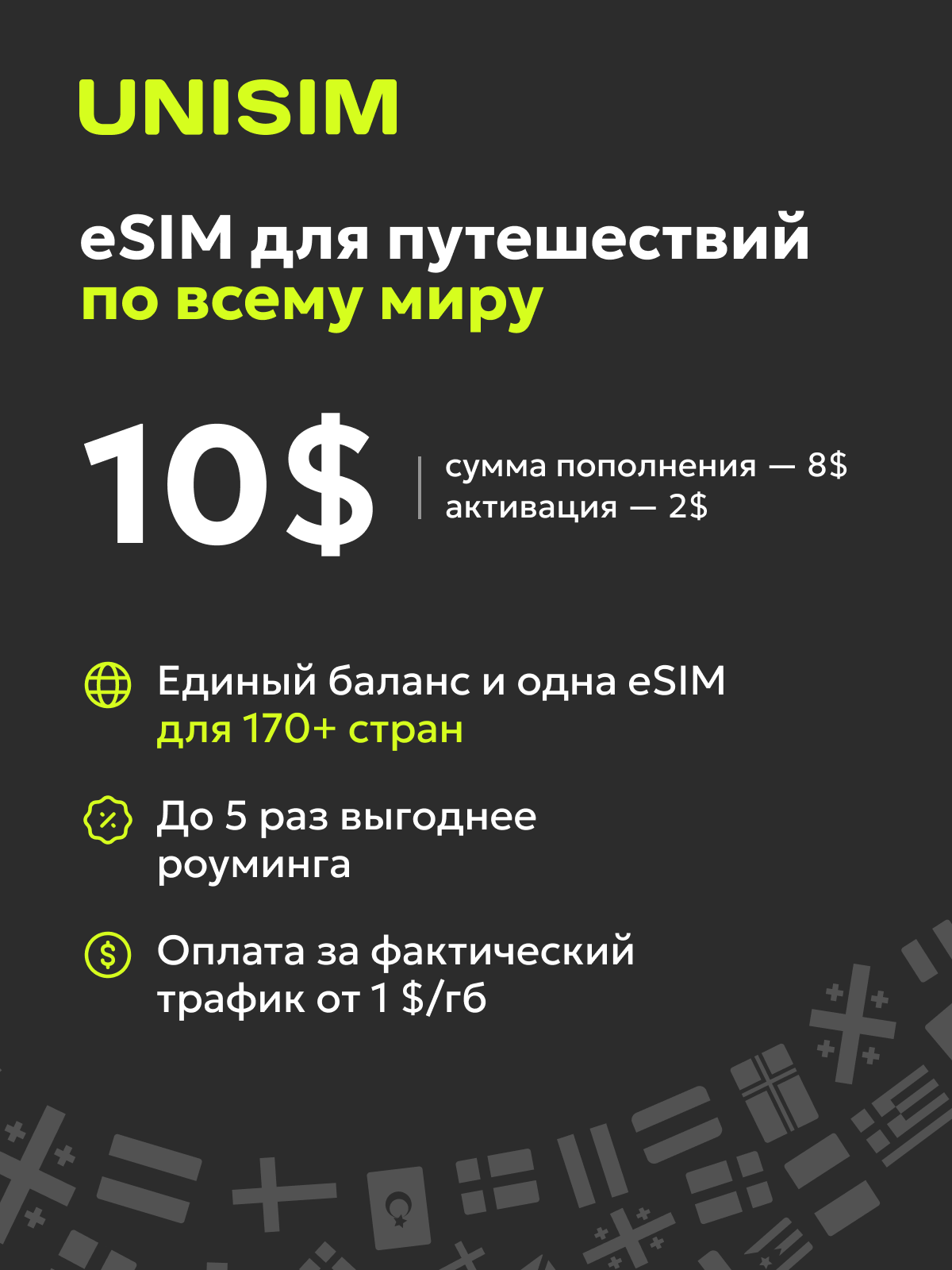 ESIM UNISIM для путешествий, 10$, мобильный интернет в 170+ странах