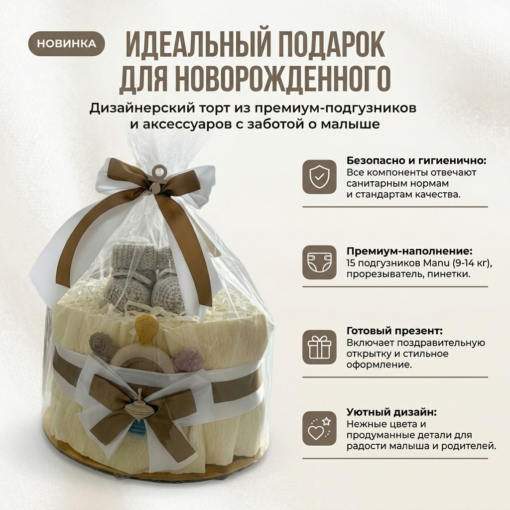 Торт из подгузников на выписку Мини Беж-Bronza