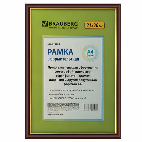 5 шт. Рамка 21х30 см, пластик, багет 14 мм, BRAUBERG "HIT", красное дерево с позолотой, стекло, 390024
