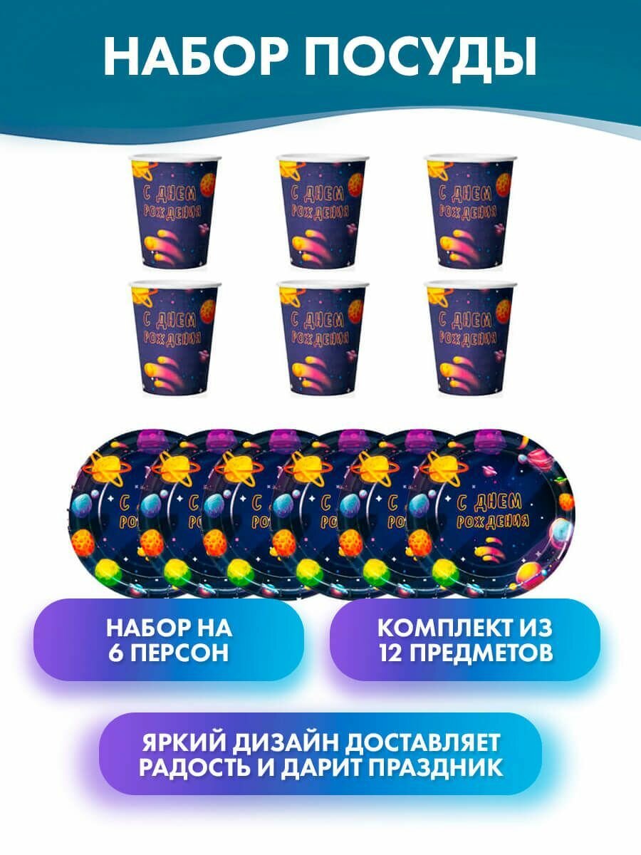 Набор одноразовой бумажной посуды космос "С днем рождения", 6 стаканов 250 мл, 6 тарелок 18см