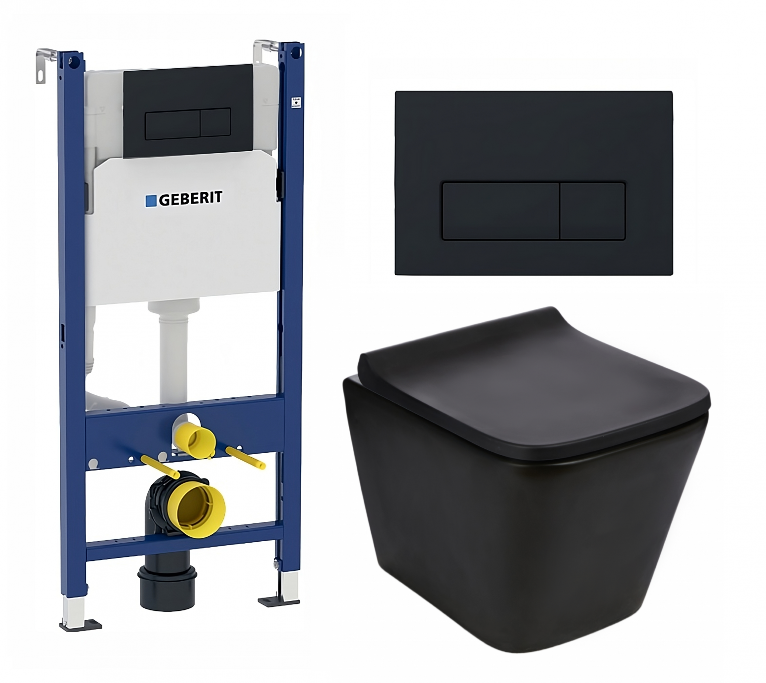 Комплект 3 в 1 инсталляция Geberit Duofix + Подвесной унитаз WeltWasser Gelbach 043 MT-BL + кнопка черная матовая