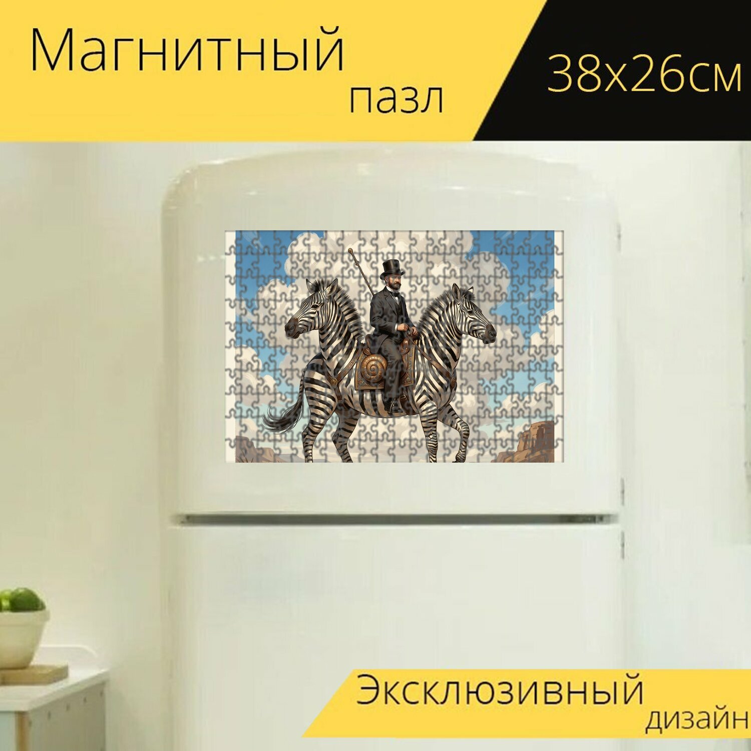 Магнитный пазл "Джентльмен верхом на зебре. Элегантный мужчина в цилиндре едет верхом на полосатом африканском скакуне среди пустынной саванны, под большим." для интерьера, 38х26 см.