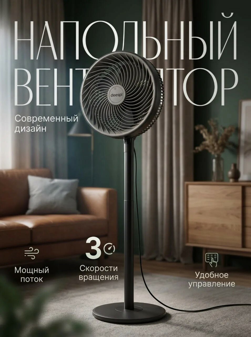 Вентилятор напольный мощный DEESPI DEE-FN04 12" (75 Вт, лопастей -5) черный для дома и дачи